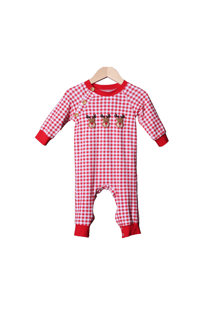 French Knot Reindeer Red Gingham Knit Romper