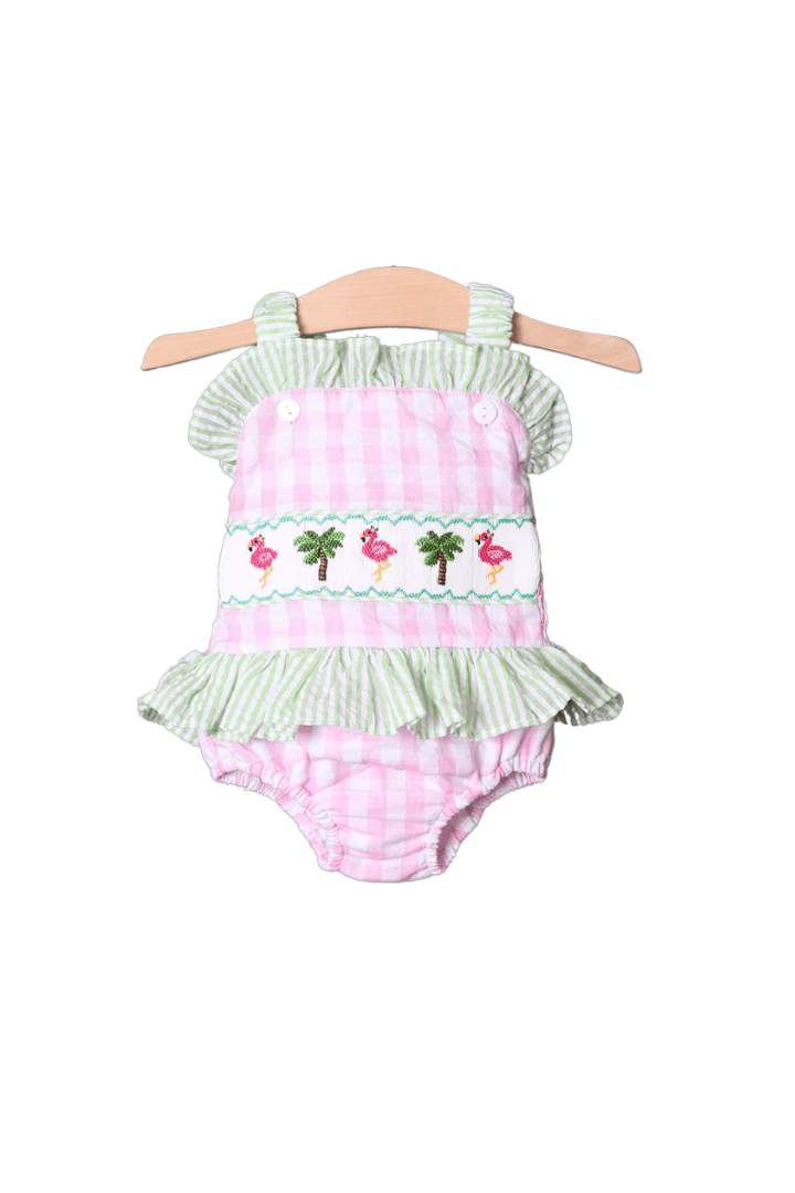 Smocked Pink Gingham Seersucker Flamingo Swimsuit