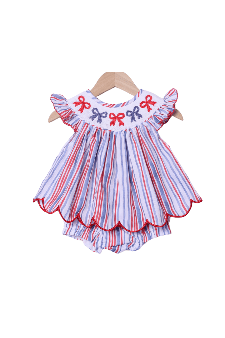 Smocked Bow Red White and Blue Bishop Bloomer Set