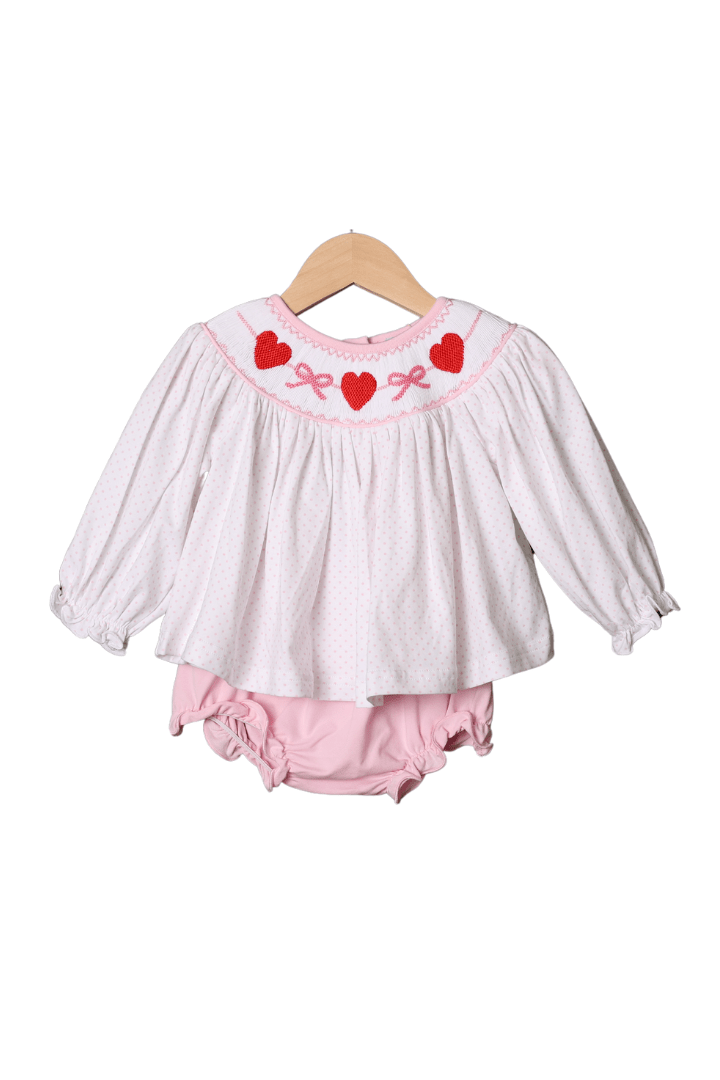 Smocked Classic Bow and Heart Pink Bitty Dot Bloomer Set