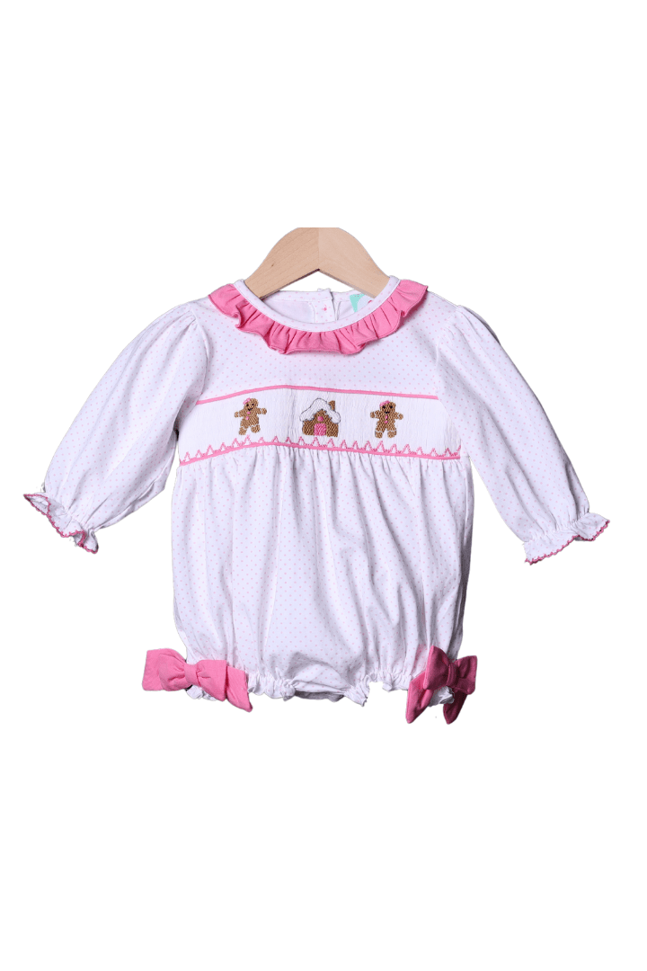 Smocked Gingerbread Pink Bitty Dot Bubble