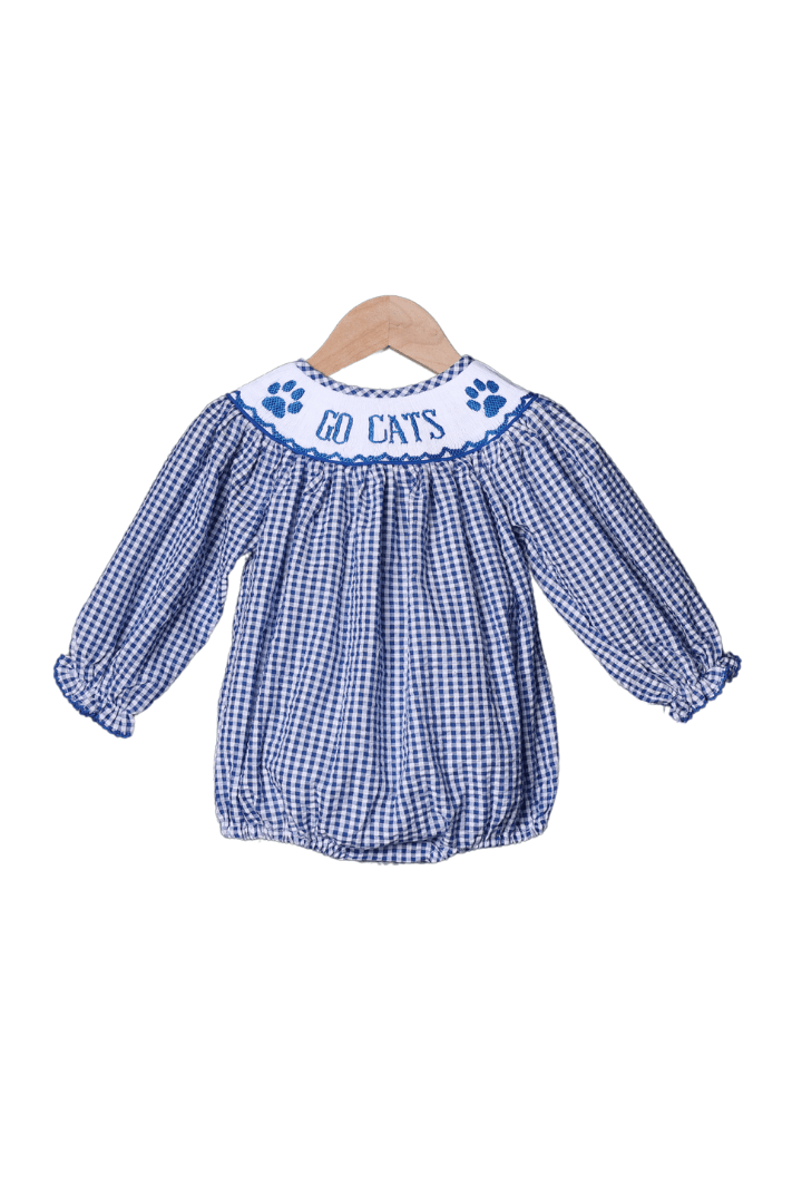 Smocked Go Cats Blue Gingham Seersucker Long Sleeve Bubble