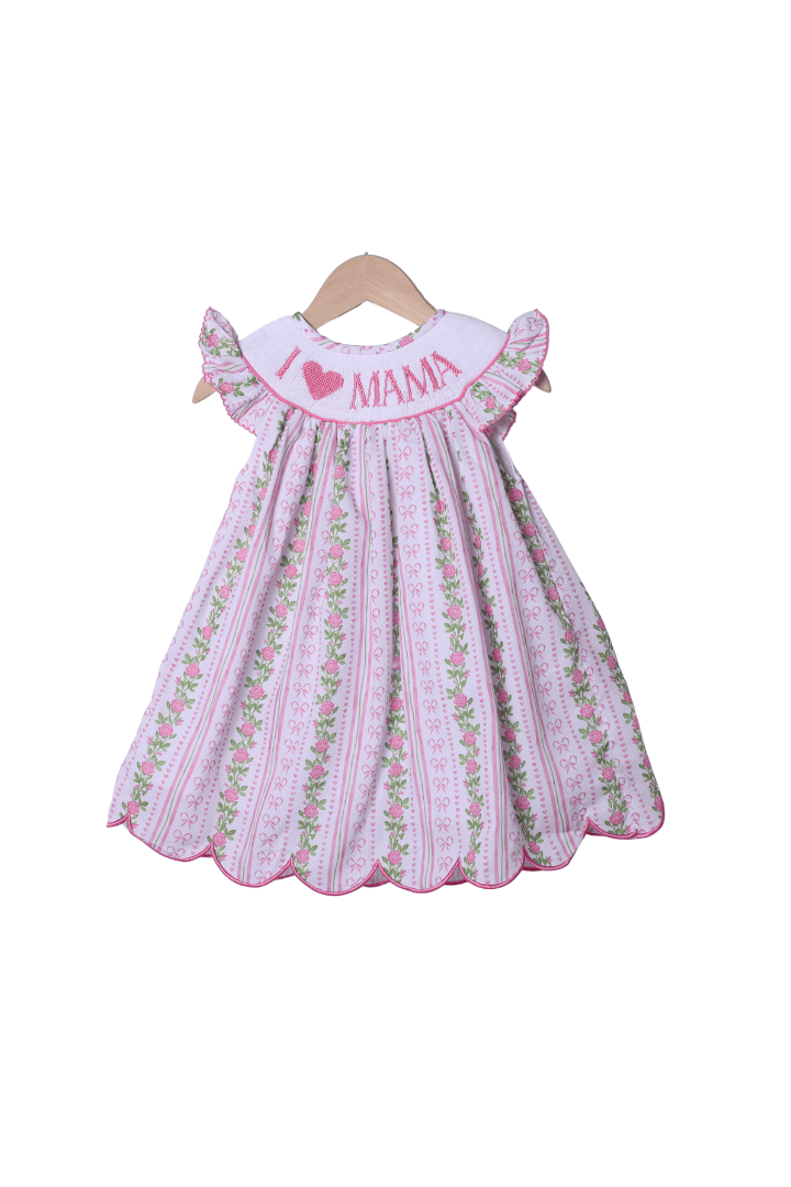 Smocked I Love Mama Fancy Floral Scalloped Dress