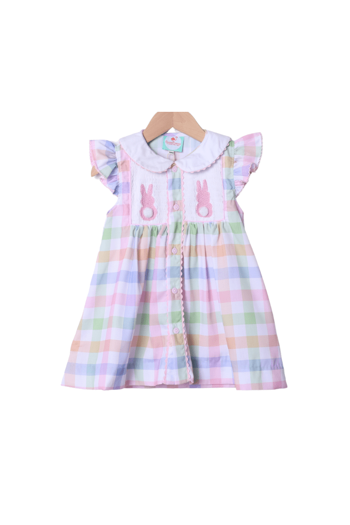 Smocked Pastel Plaid Bunny Dress