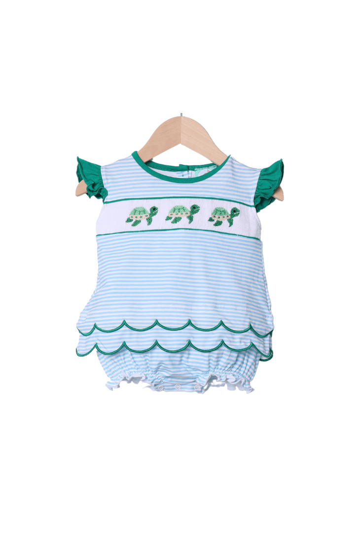 Smocked Turtle Blue/Green Stripe Skirted Bubble
