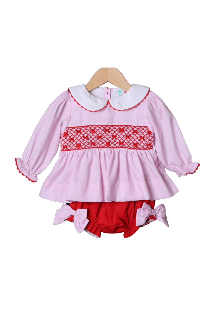 Sweet Heirloom Heart and Bow Pink Polka Dot Bloomer Set