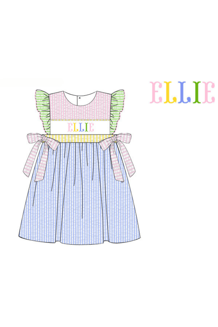 Pre-Order Custom Name Smocked Color Block Seersucker Dress