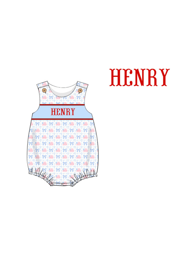 Pre-Order Custom Smocked Custom Name Patriotic Flag Bubble