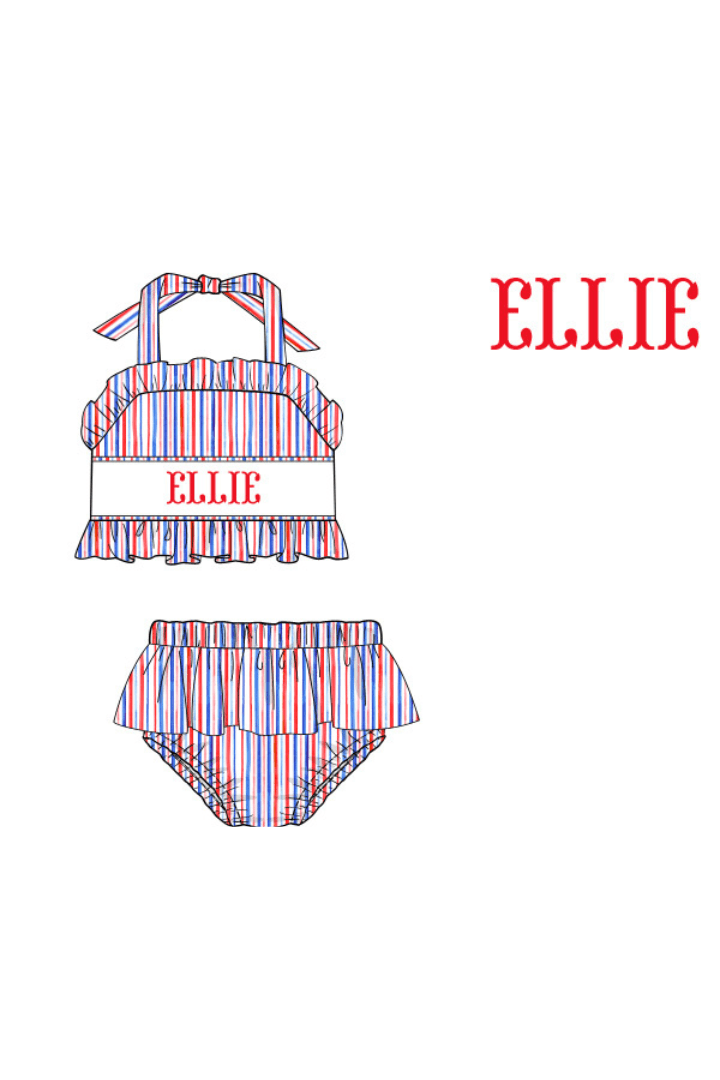 Pre-Order Custom Smocked Custom Name Patriotic Stripes 2 Piece Swim