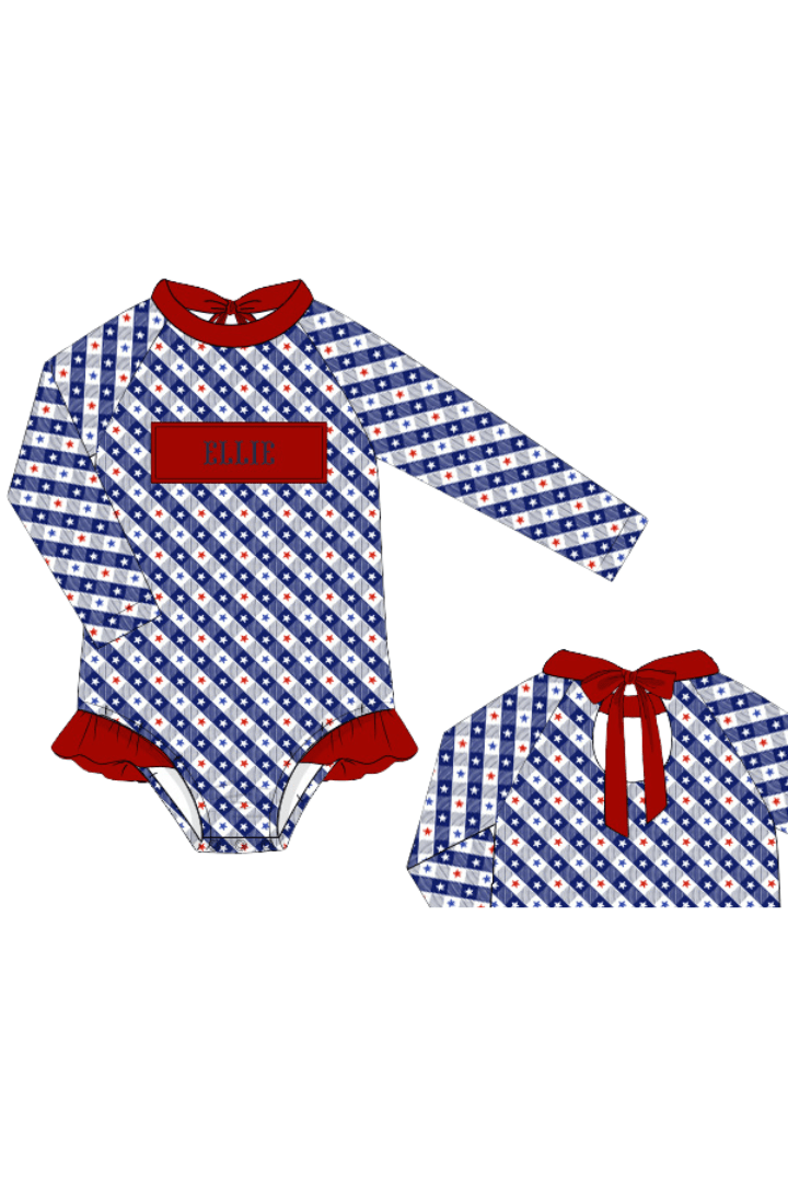 Pre-Order Custom Smocked Custom Name Stars and Stripes Swimsuit