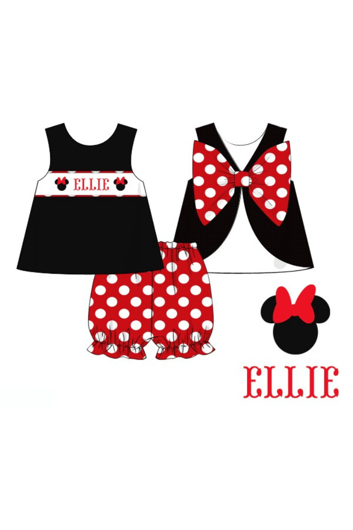 Pre-Order Custom Name Smocked Mouse Red and Black Polka Dot Bow Short Set