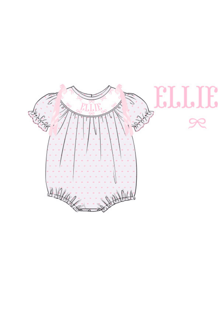 Pre-Order Custom Name Smocked Pink Swiss Dot Bow Bubble