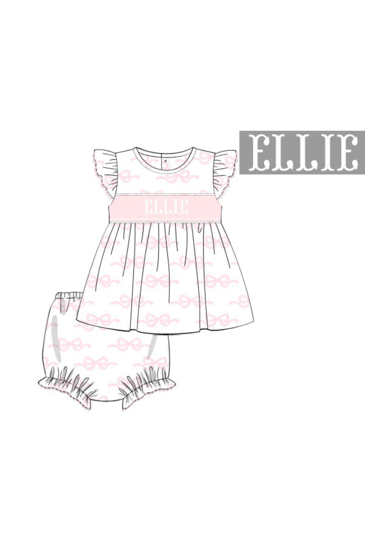 Pre-Order Hand Smocked Custom Name Pink Bow Knit Bloomer Set