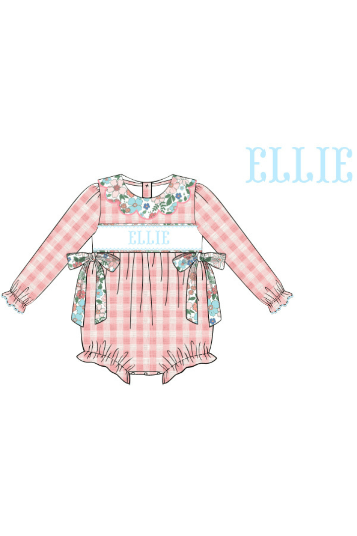 Pre-Order Hand Smocked Custom Name Pink Floral and Gingham Bubble