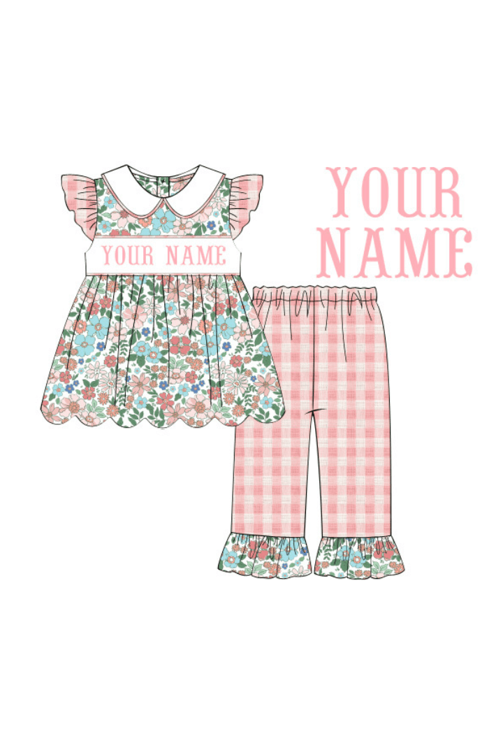 Pre-Order Hand Smocked Custom Name Pink Floral and Gingham Set