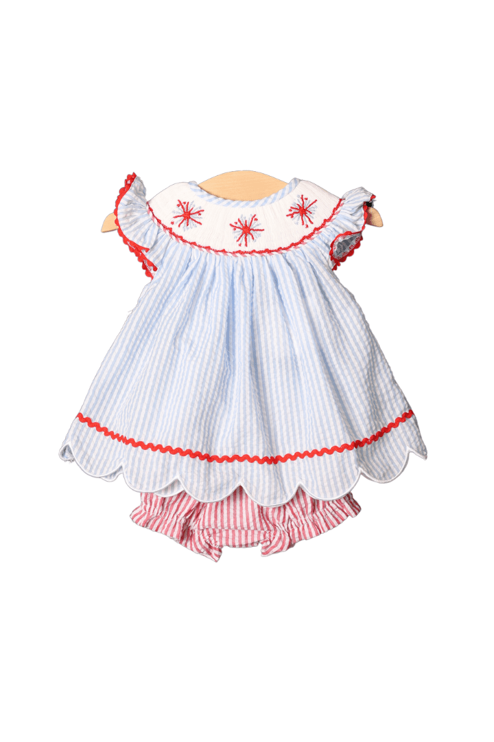 Smocked Firework Seersucker Bishop Bloomer Set