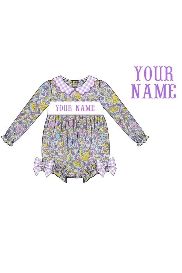Pre-Order Hand Smocked Custom Name Purple Bow Floral Bubble