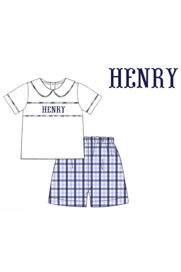 Pre-Order Custom Name Smocked Navy/Light Blue Plaid Name Short Set