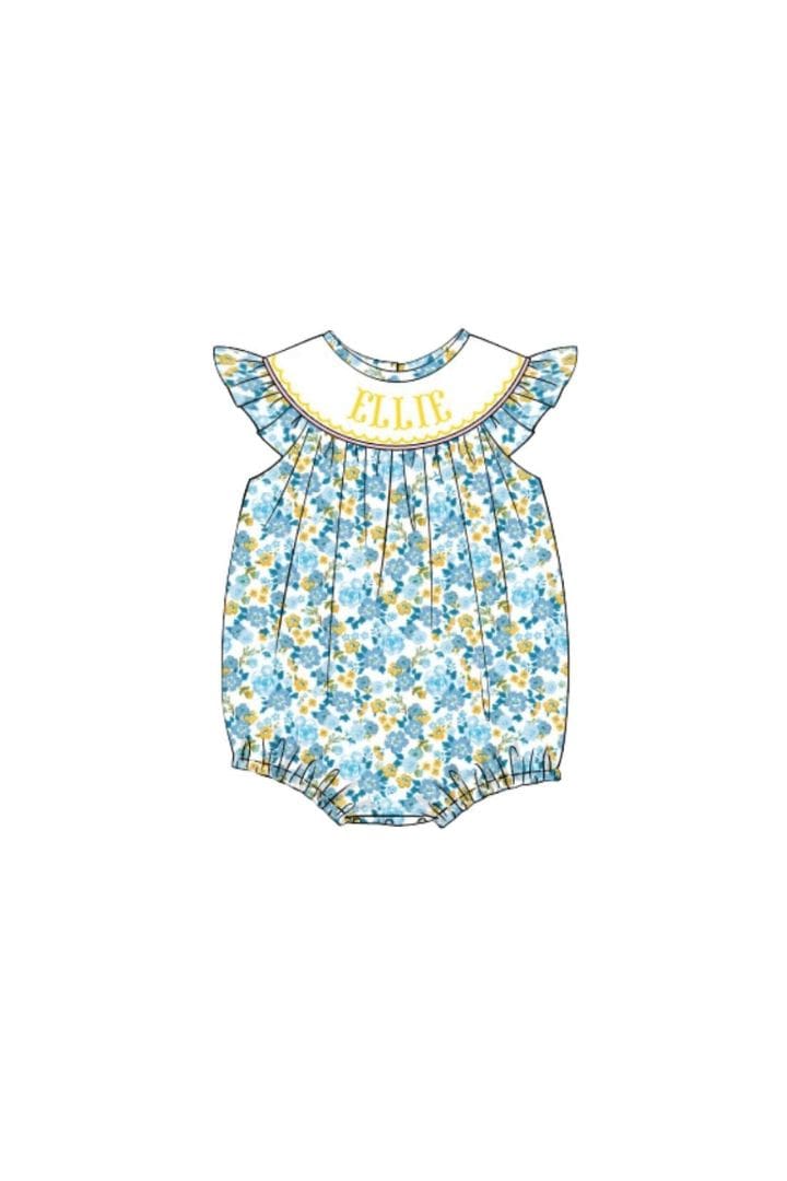 Pre-Order Hand Smocked Custom Name Blue and Yellow Floral Bubble