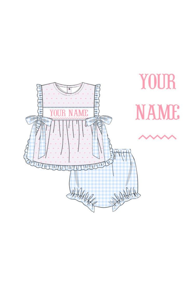 Pre-Order Hand Smocked Custom Name Blue Swiss Dot Gingham Apron Set
