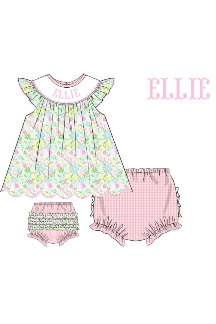 Pre-Order Hand Smocked Custom Name Ellie Floral Bloomer Set