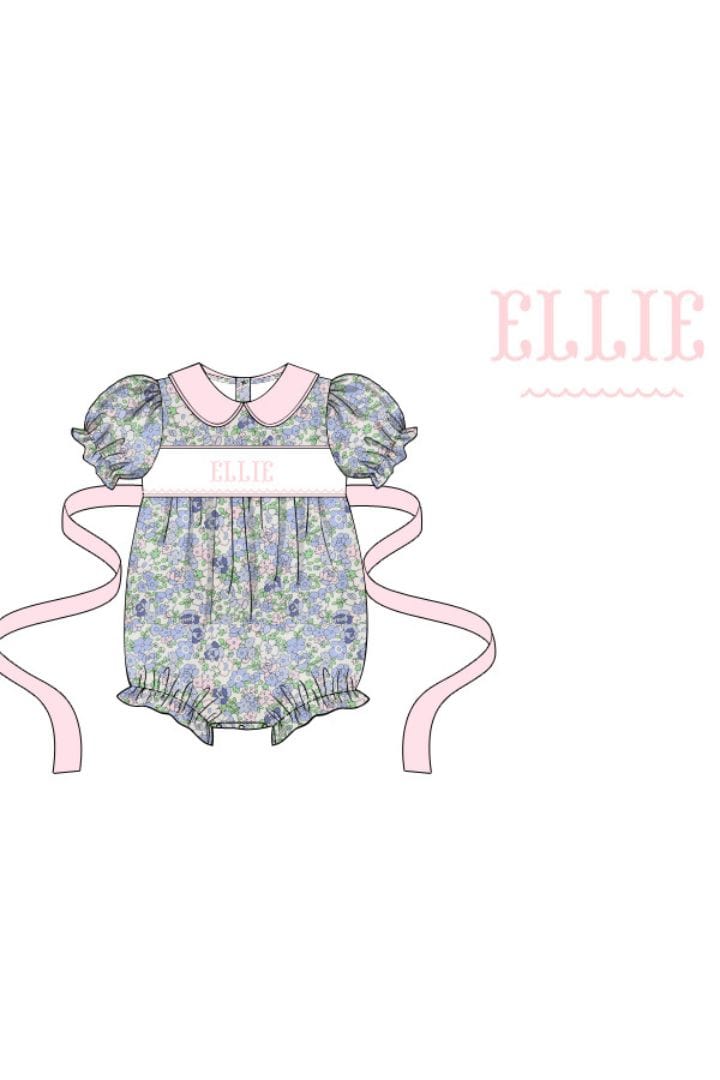 Pre-Order Hand Smocked Custom Name Pink Floral Bubble