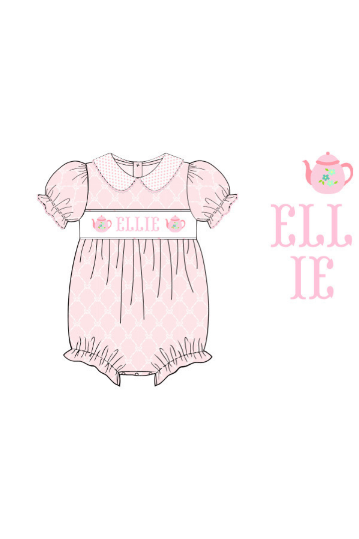 Pre-Order Hand Smocked Custom Name Tea Pot Pink Bubble