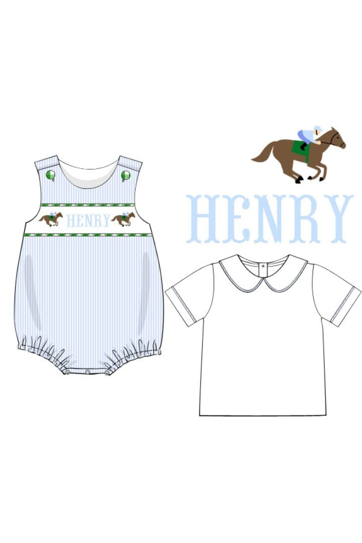 Pre-Order Custom Name Smocked Off to The Races Blue Gingham Name Bubble
