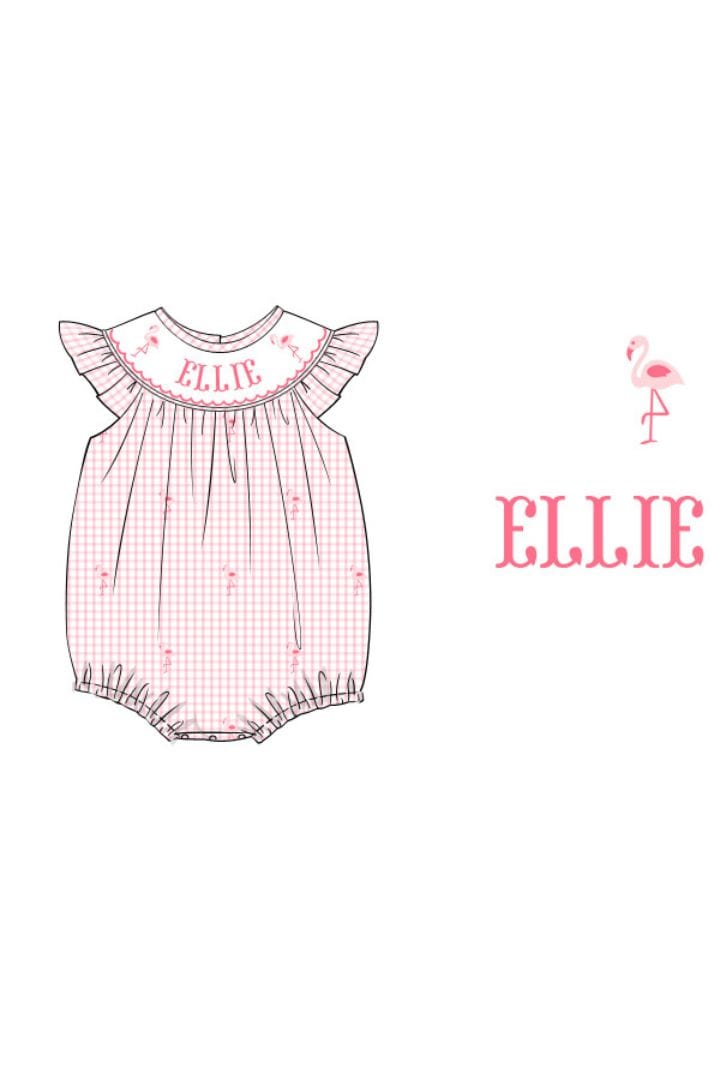 Pre-Order Custom Name Hand Smocked Pink Windowpane Flamingo Bubble