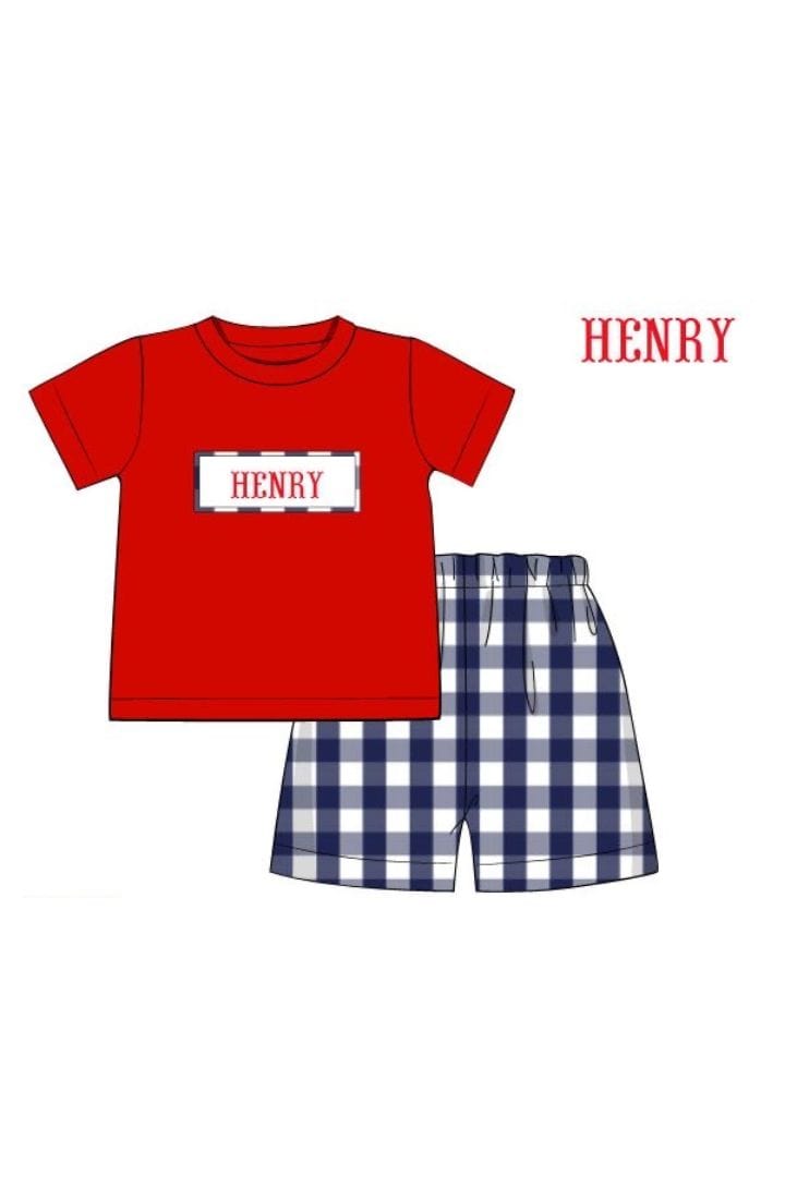 Pre-Order Hand Smocked Red, White and Blue Gingham Name Short Set