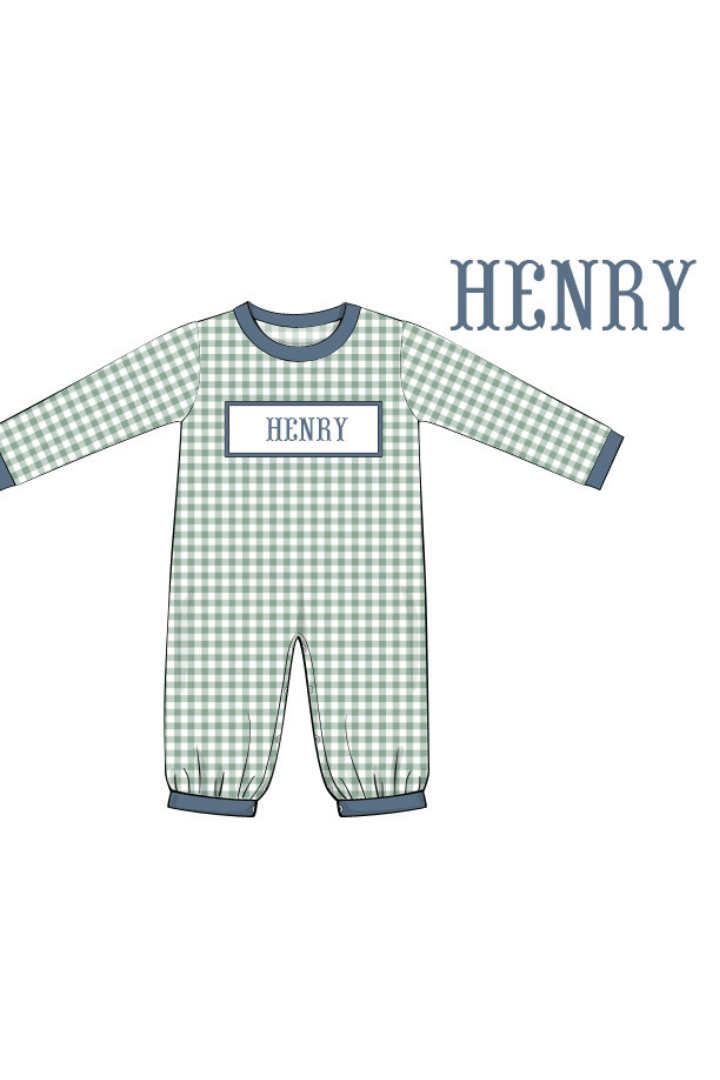 Pre-Order Hand Smocked Sage and Stone Gingham Custom Name Romper